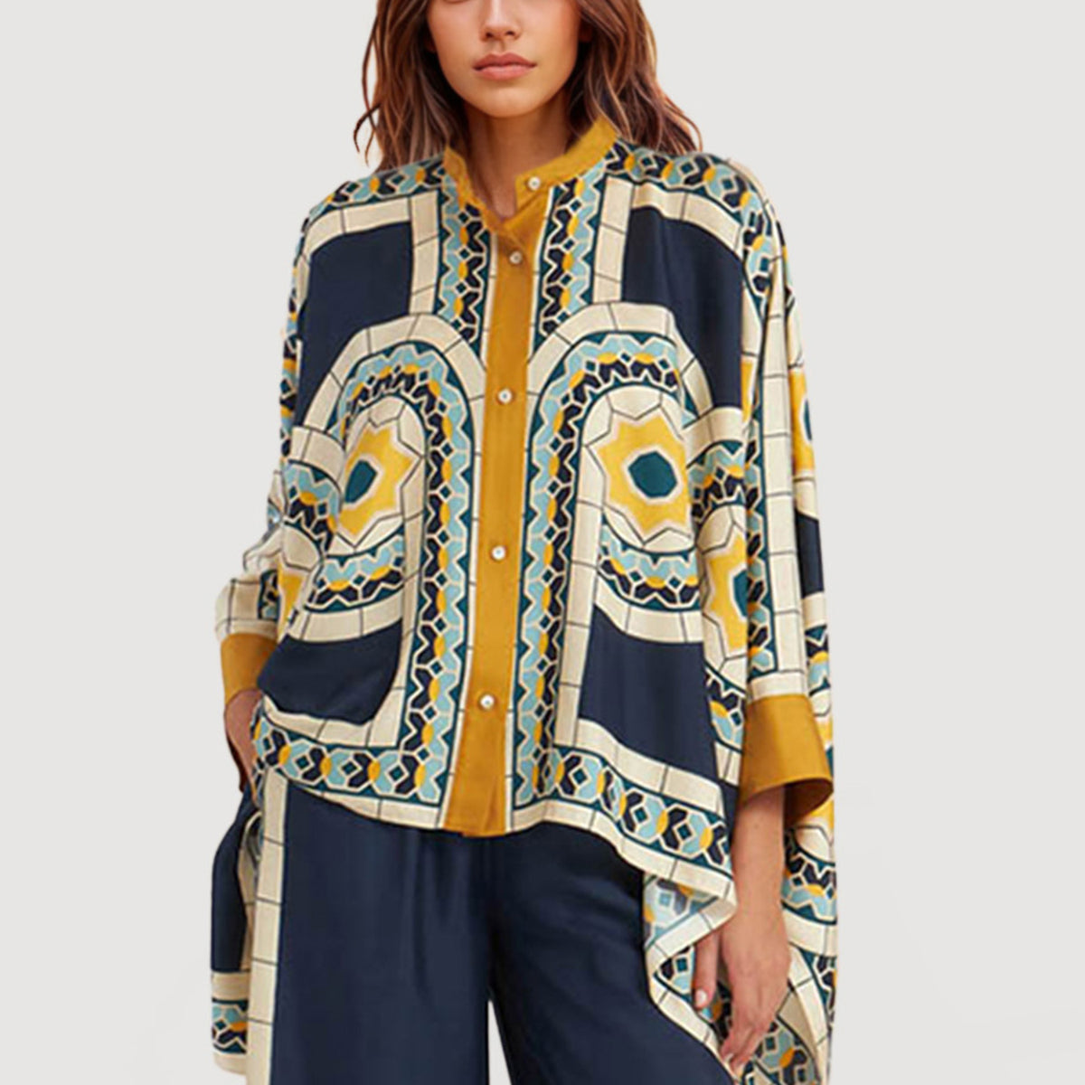Geometric Print Oversized Button-Up Shirt – Dantўўase